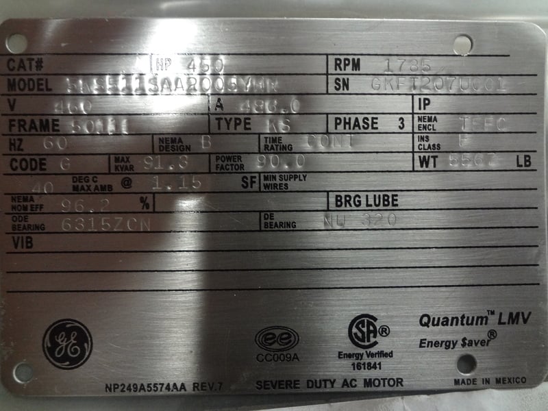 450 HP 1800 RPM General Electric, Frame 5010/5011L, TEFC, BB, new, 460 ...