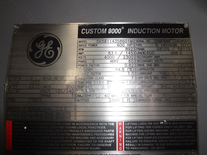 600 HP 900 RPM General Electric, Frame 5810S/5811S, TEFC, BB, new, 2300 ...