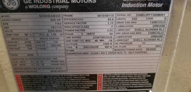 800 HP 1200 RPM General Electric, Frame 5810S/11S-8210S/11S, weather ...
