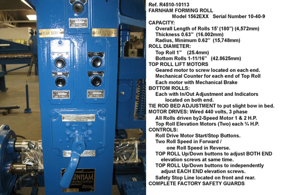 Farnham Aircraft Roll Forming Machine #1558-E, 15' L x 5/8" radius, 0. ...