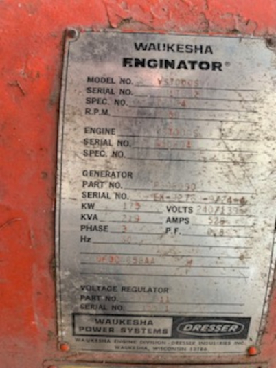 175 KW Waukesha #BS70005, Engomatic generator, 6 cylinder diesel, day ...