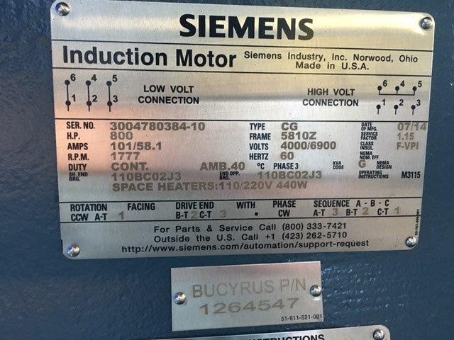 800 HP 1785 RPM General Electric, Frame 5810Z, 1.15, cont., 4000/6900 ...