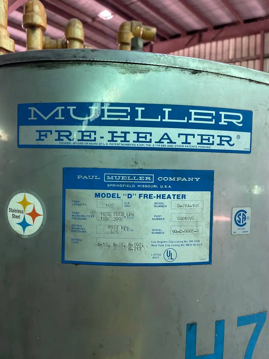 Mueller #D-2VA-105, Fre-Heater Horizontal Water Heater, 105 gallon, 150 ...