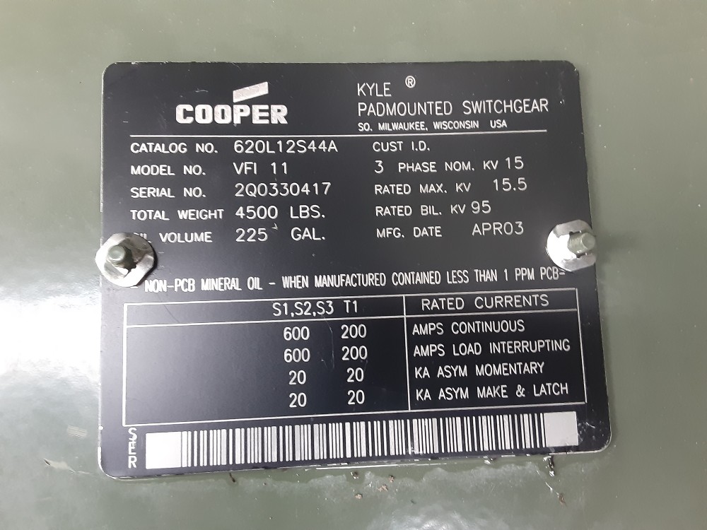 600 Amp. Cooper, 15.5kV, Rated BIL KV 95, VFI 11, 2003 For Sale ...