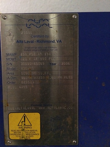 5090 sq.ft., Alfa-Laval, M30-FG, 259 plates, 150 psi, 40mm plate size ...