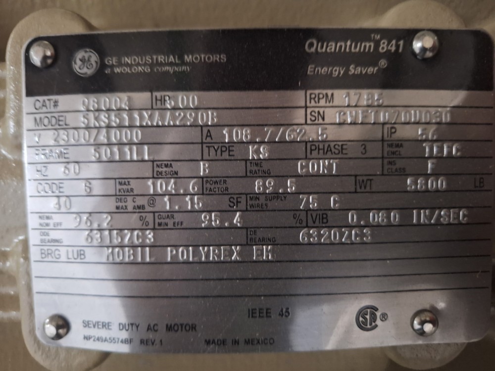 500 HP 1800 RPM General Electric, Frame 5010/11LL, TEFC, 2300/4000 ...