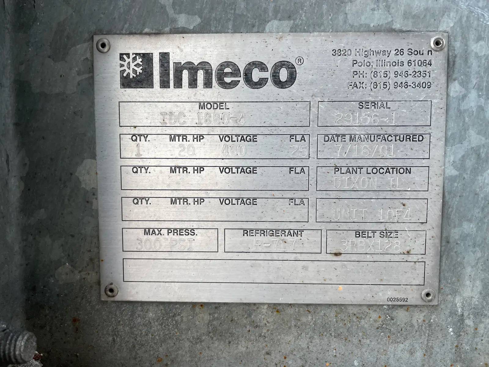 470 Ton, Imeco #IDC-1880-4, evaporative condenser, 20 HP motor, 2001 ...