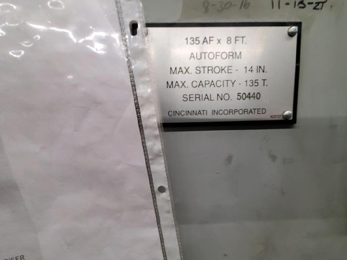 135 Ton, Cincinnati #135AFX8FT Autoform, CNC hydrualic press brake, 10 ...