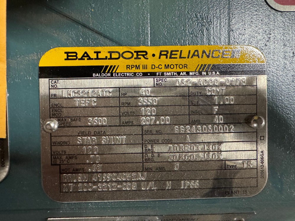 40 HP 3550 RPM Baldor-Reliance, Frame MC3212ATC, TEFCBB, 120 VA, 120 VF ...