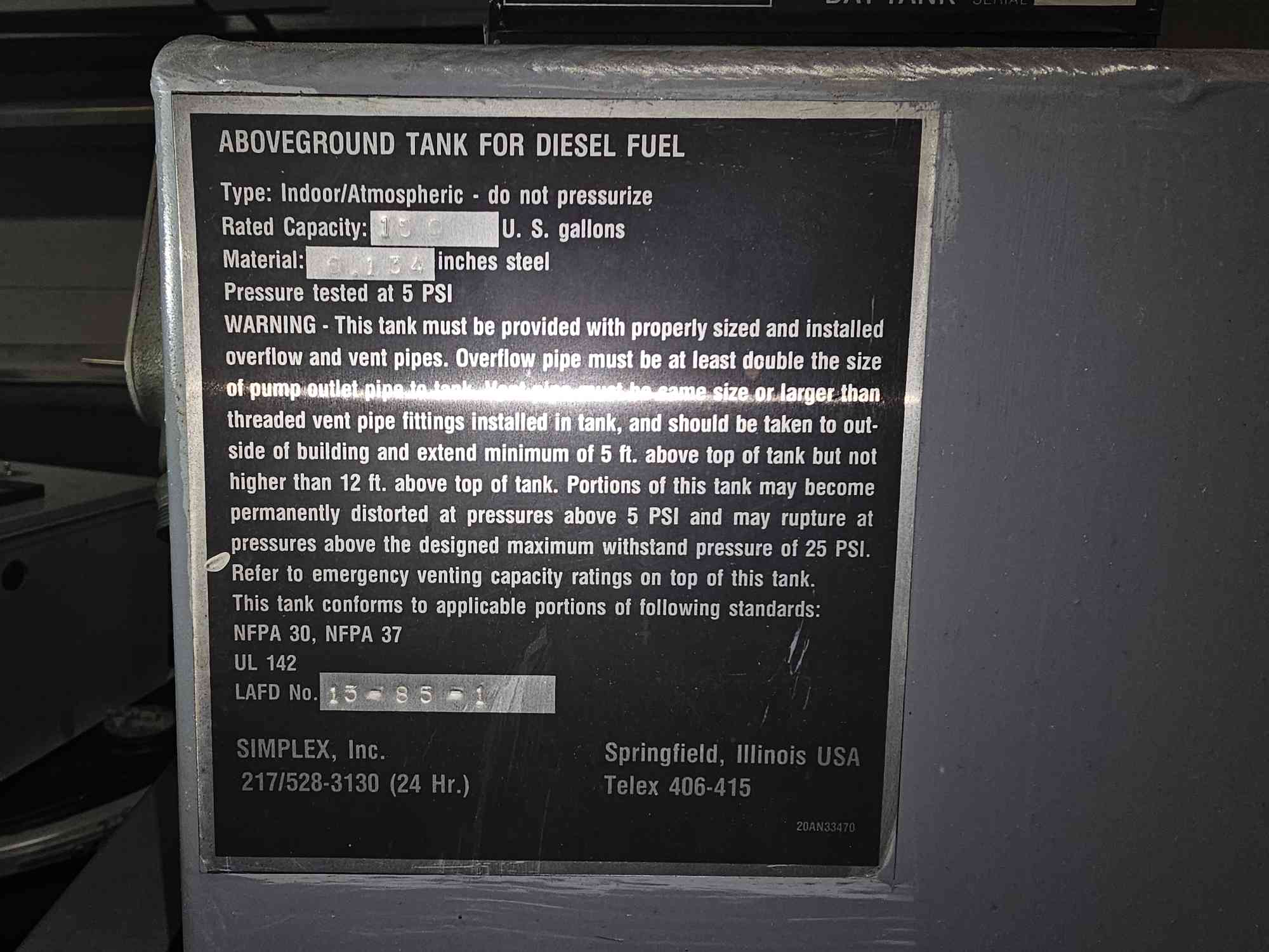 150 gallon Simplex, Diesel Day Tank, 52700 cu.ft./hr. For Sale ...