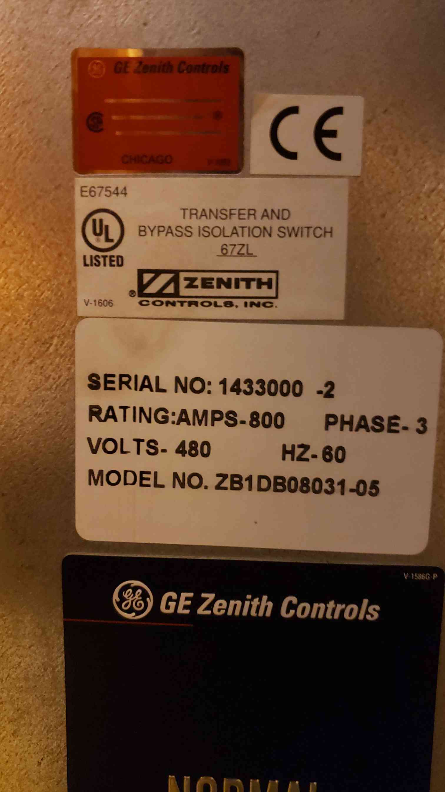 800 Amp. General Electric Zenith #ZB1DB08031-05, Transfer Switch, 3 ...