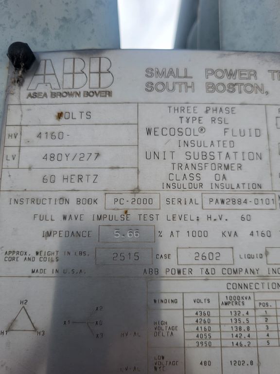 1000 KVA 4160 Primary, 480Y/277 Secondary, ABB #PC-2000, substation ...