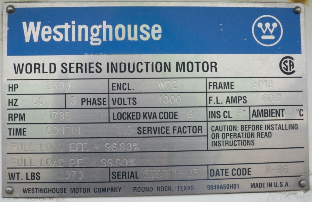 2500 HP 1789 RPM Westinghouse, Frame 5012, weather protected enclosure ...