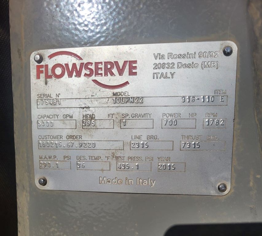 5000 GPM @ 395' TDH, Flowserve #10LPN22, Centrifugal Pump, Horz., 1 ...