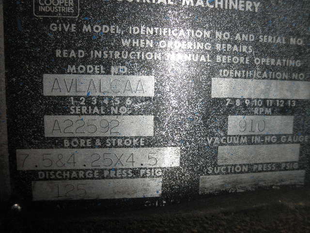 20 HP Cooper #AVLALCAA, Reciprocating Compressor, 125 psi, 910 RPM, 230 ...