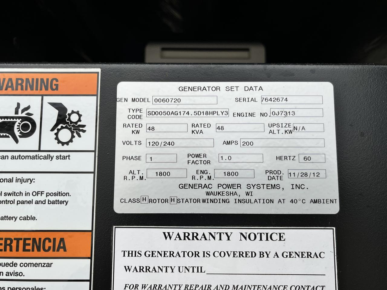 48 KW Generac #0060720, diesel generator set, 120/240 Volts, 1-phase ...