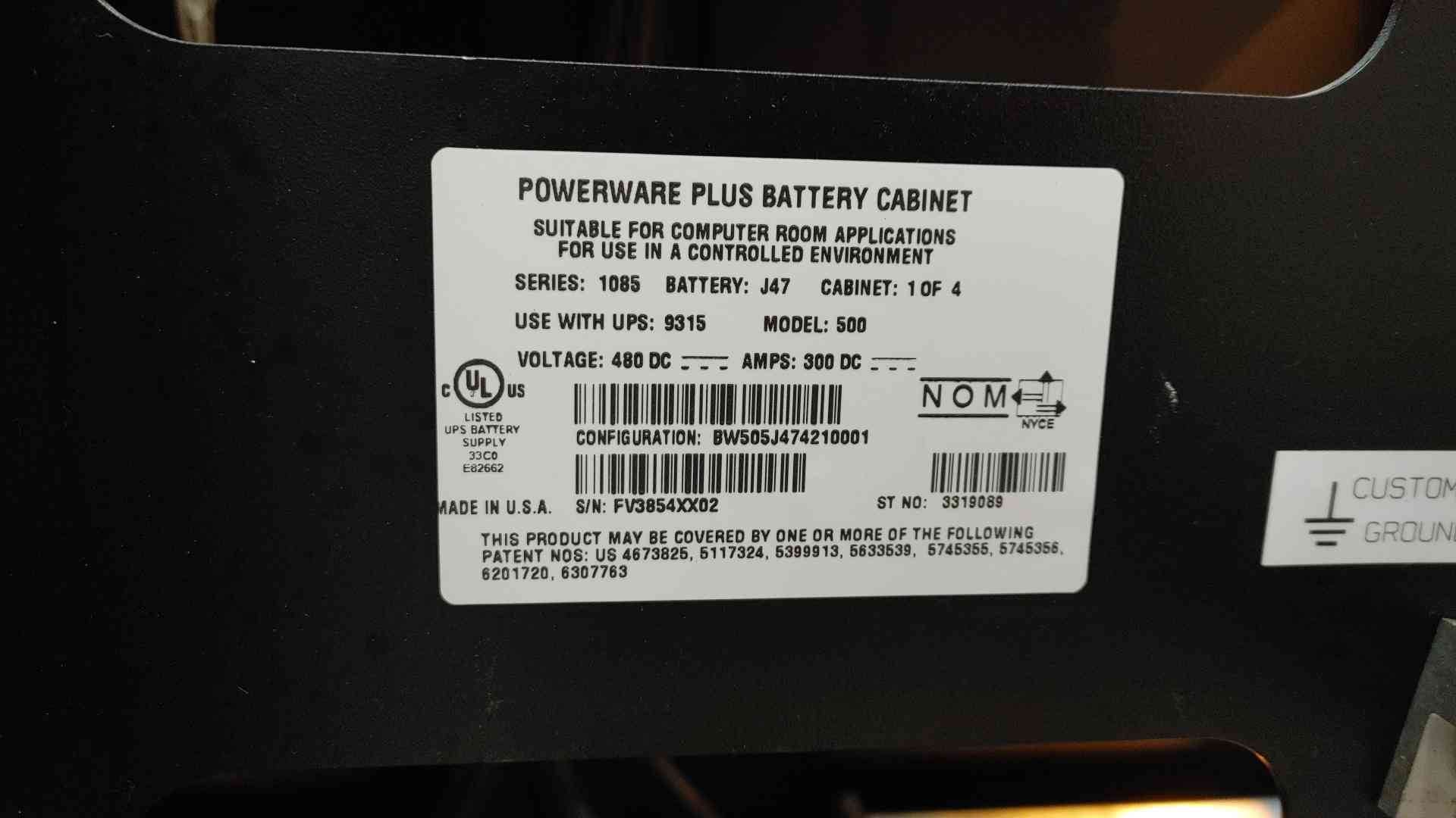 300 Amps. PowerWare #500, 9315 UPS Plus Battery Cabinet w/Jumper Cables ...