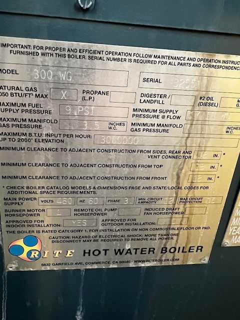 Rite Boiler #WB-108, 300 WG, 71 HP, 125 psi, Atmospheric Hot Water ...