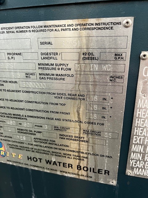 Rite Boiler #WB-108, 300 WG, 71 HP, 125 psi, Atmospheric Hot Water ...
