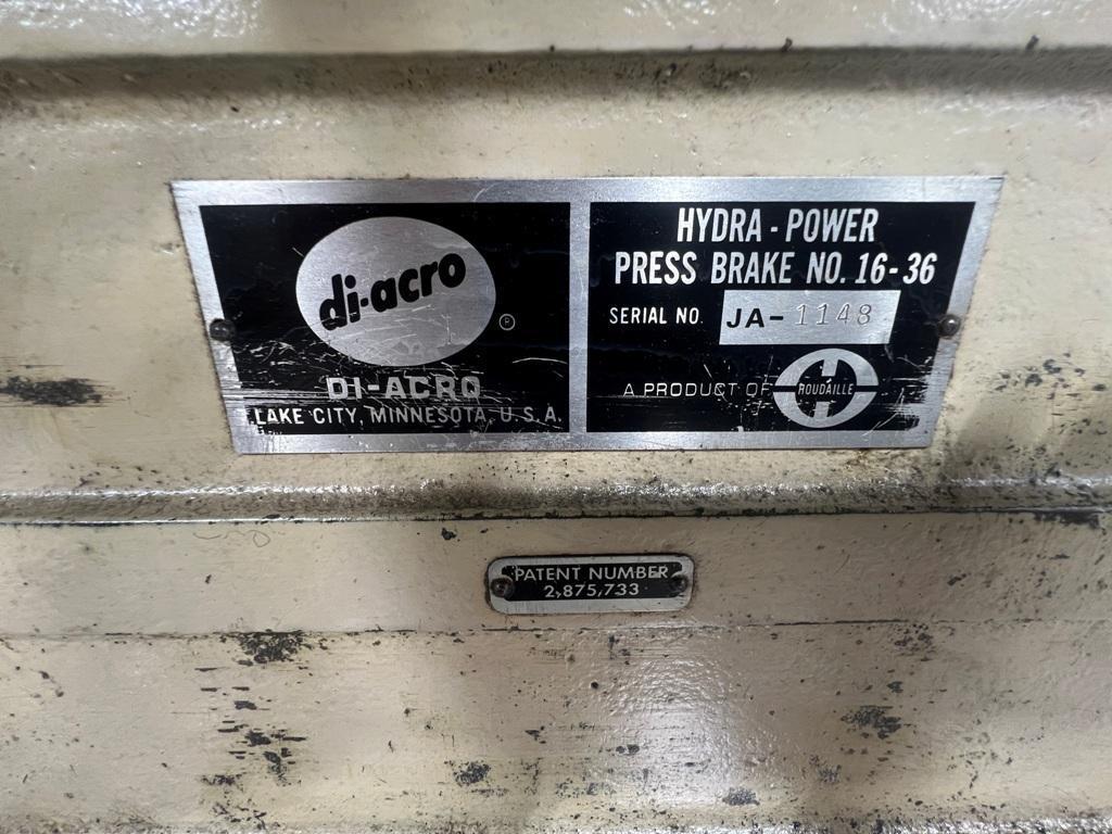 12 Ton, DiAcro #16-36, hydra-mechanical press brake, 3' overall, 25 ...