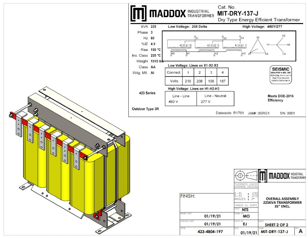 225 KVA 208 Delta Primary, 480Y/277 Secondary, Maddox, Step-Up ...