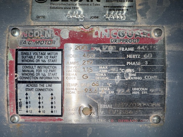 200 HP 1780 RPM Lincoln #TV5386, Frame 445TS, 460 Volts For Sale ...