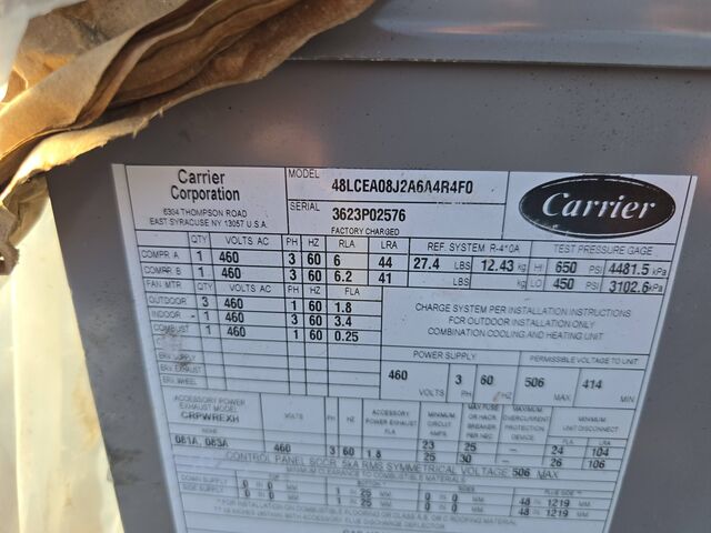 7.5 Ton, Carrier #48LCEA08J2A6A4R4F0 Ultra High Efficiency RTU unit, 3 ...