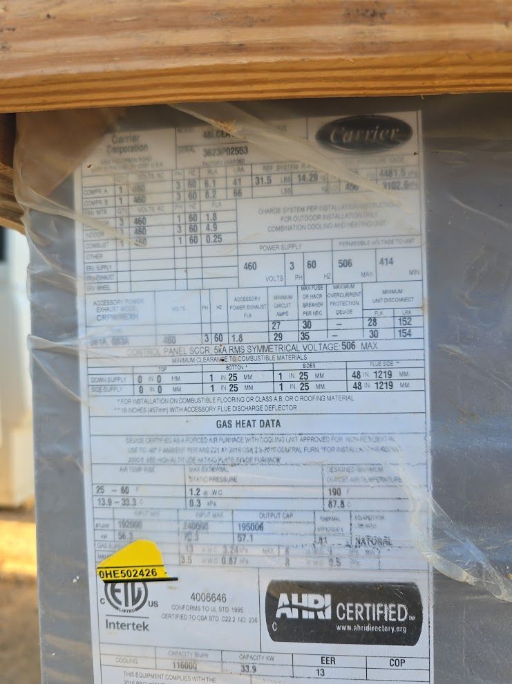 7.5 Ton, Carrier #48LCEA08J2A6A4R4F0 Ultra High Efficiency RTU unit, 3 ...